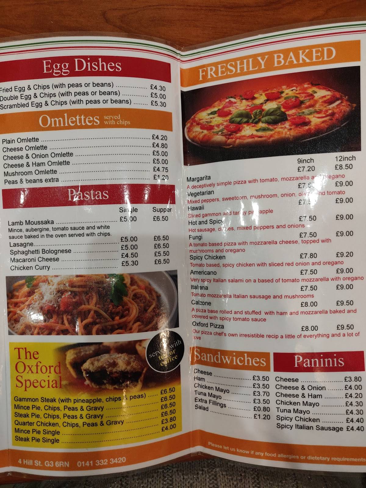 Menu at The Oxford restaurant, Glasgow