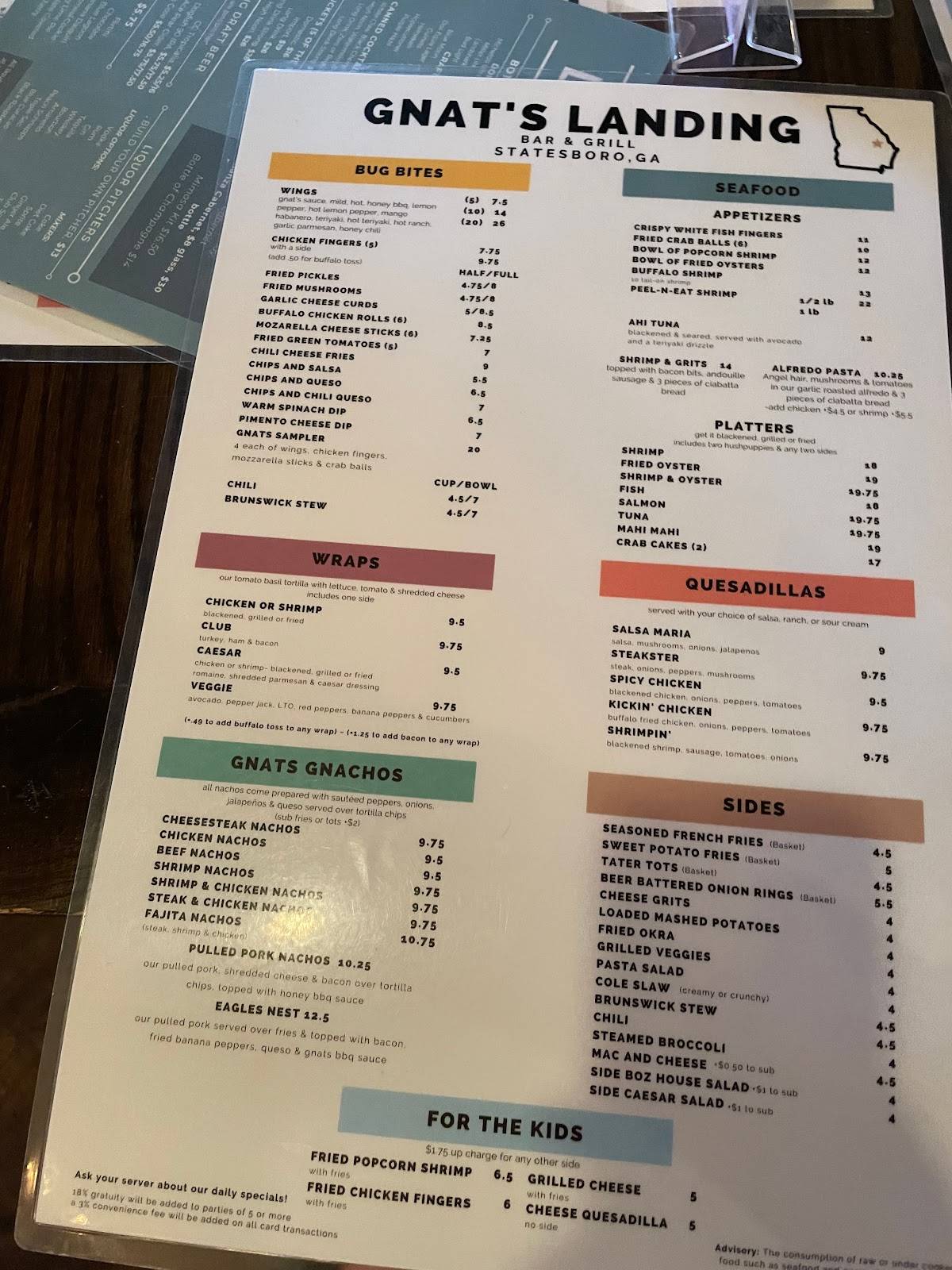 Menu at Gnat's Landing pub & bar, Statesboro