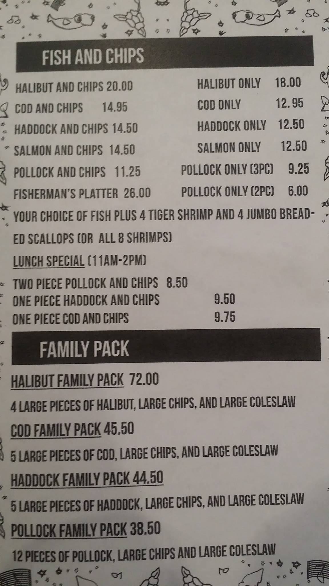 Menu at Golden Fish & Chips restaurant, Waterloo