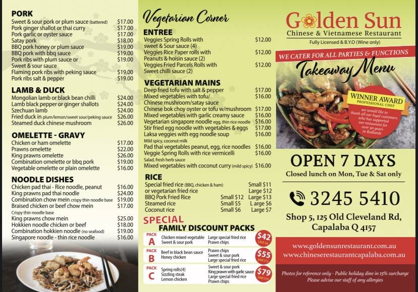 Menu at Golden Sun Chinese & Vietnamese Restaurant Capalaba, Capalaba