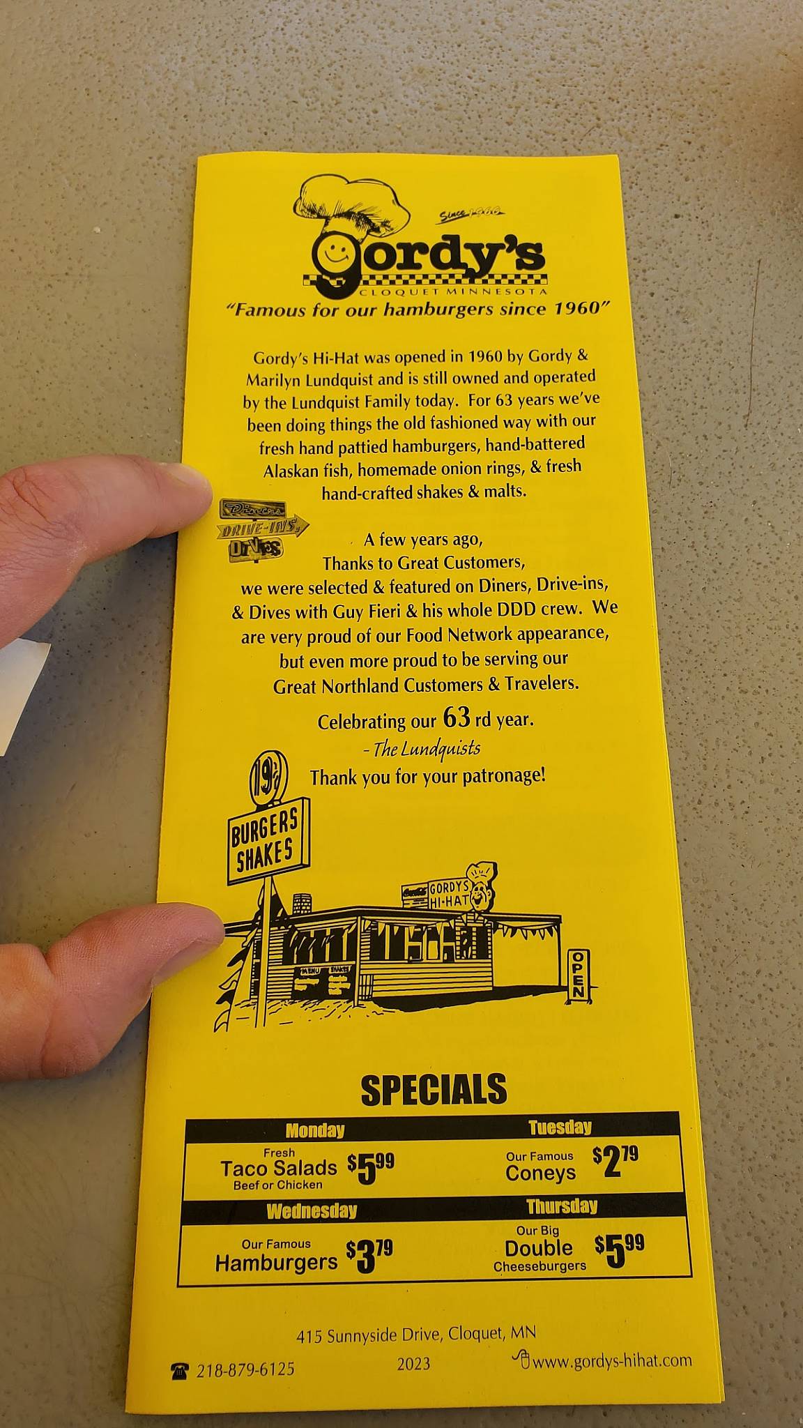 Menu at Gordy's Hi-Hat restaurant, Cloquet