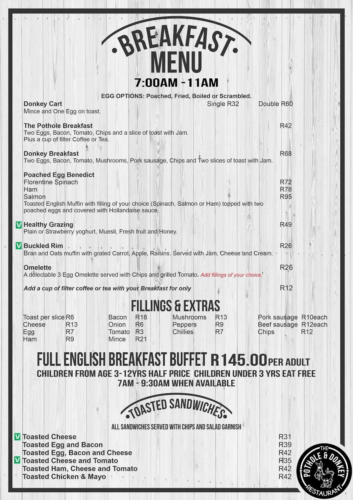 Menu at the Pothole & Donkey restaurant, Grahamstown