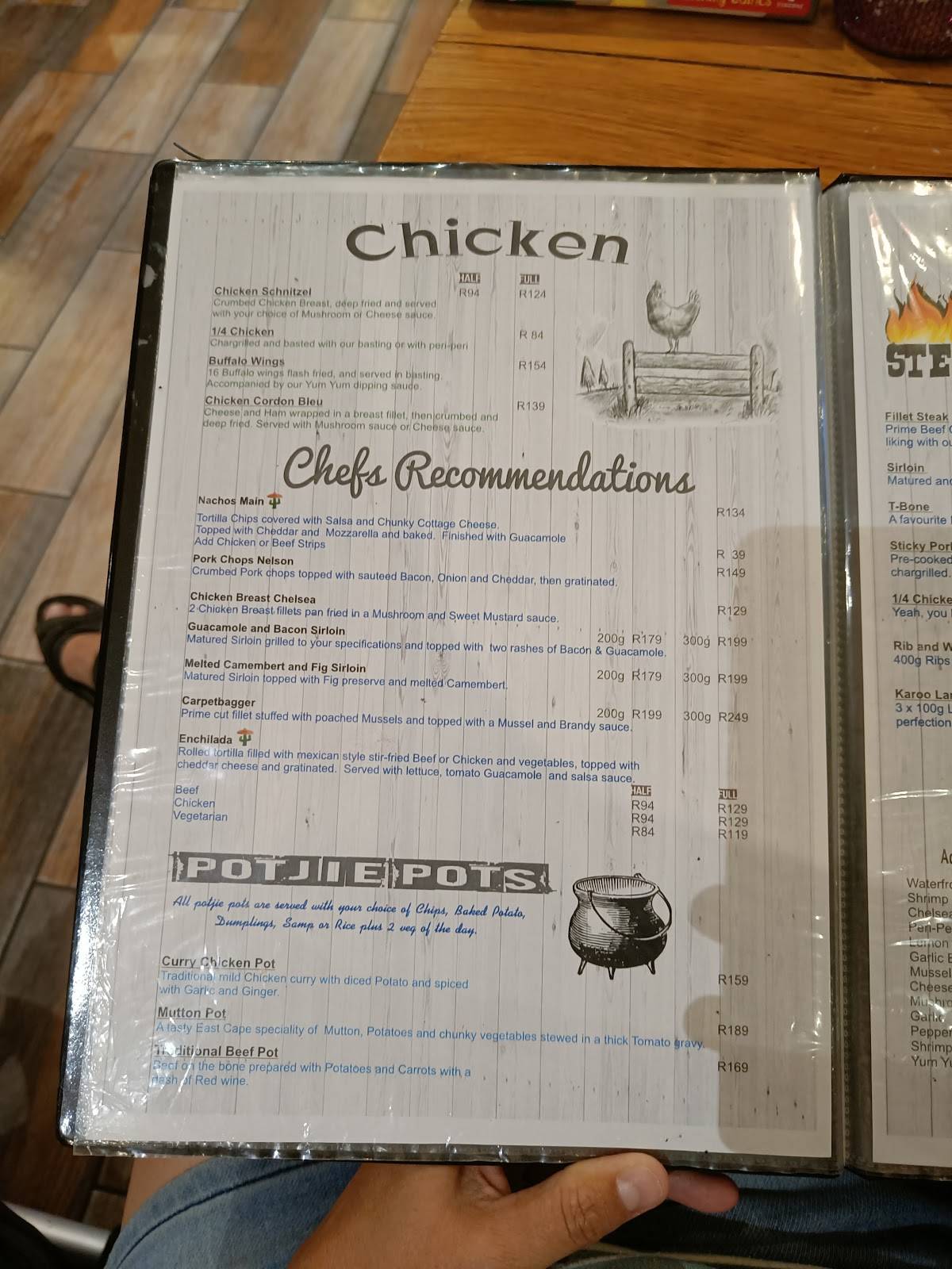 Menu at the Pothole & Donkey restaurant, Grahamstown