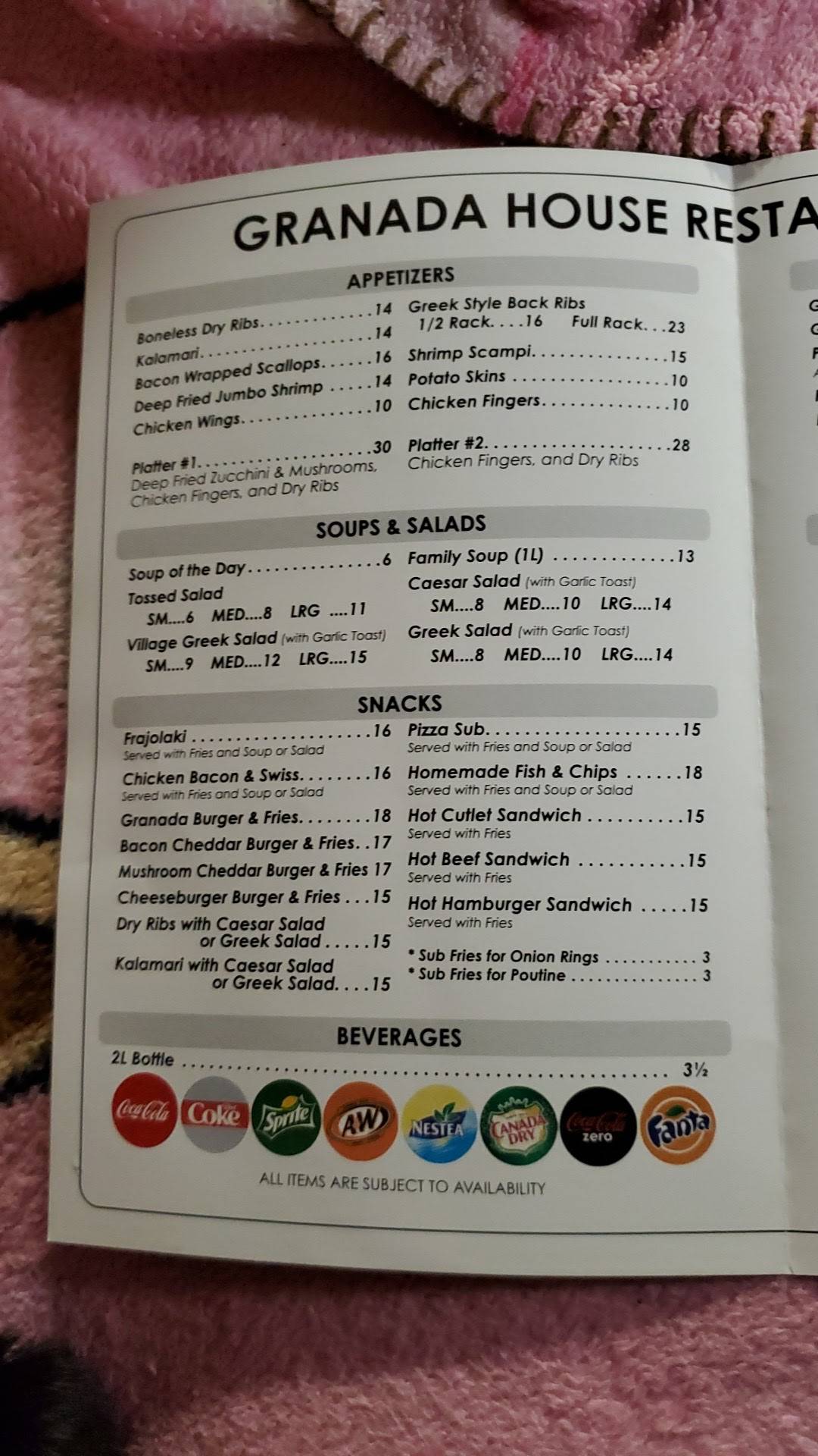 Menu at Granada House steakhouse, Saskatoon