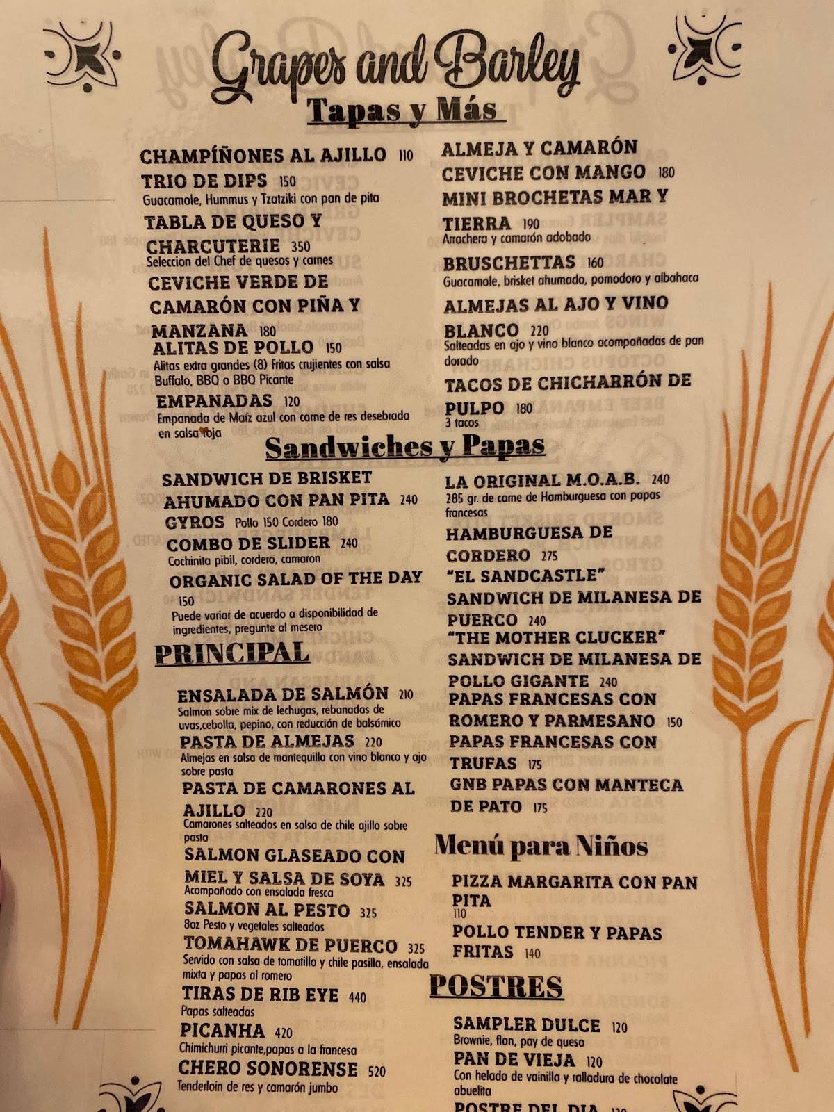 Menu at Grapes & Barley, Puerto Peñasco