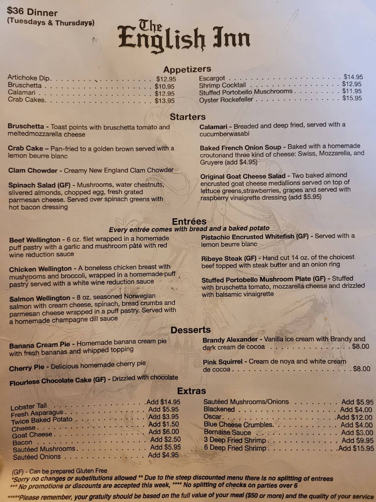 Menu at The English Inn pub & bar, Green Bay