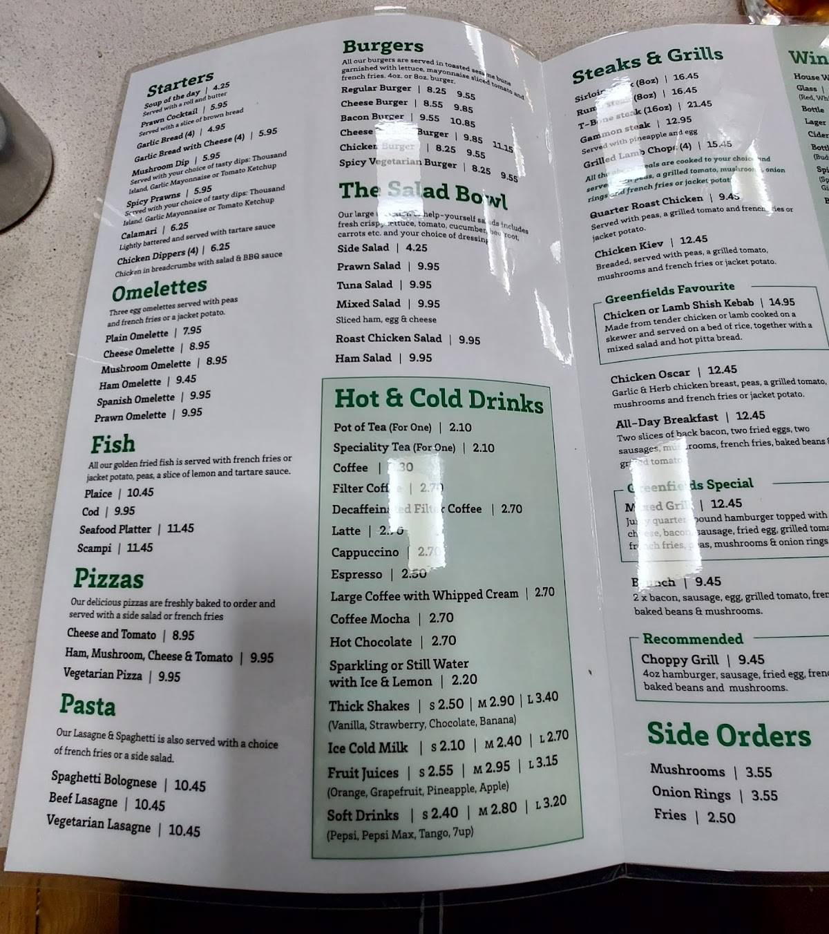 Menu at Greenfields Restaurant, Luton
