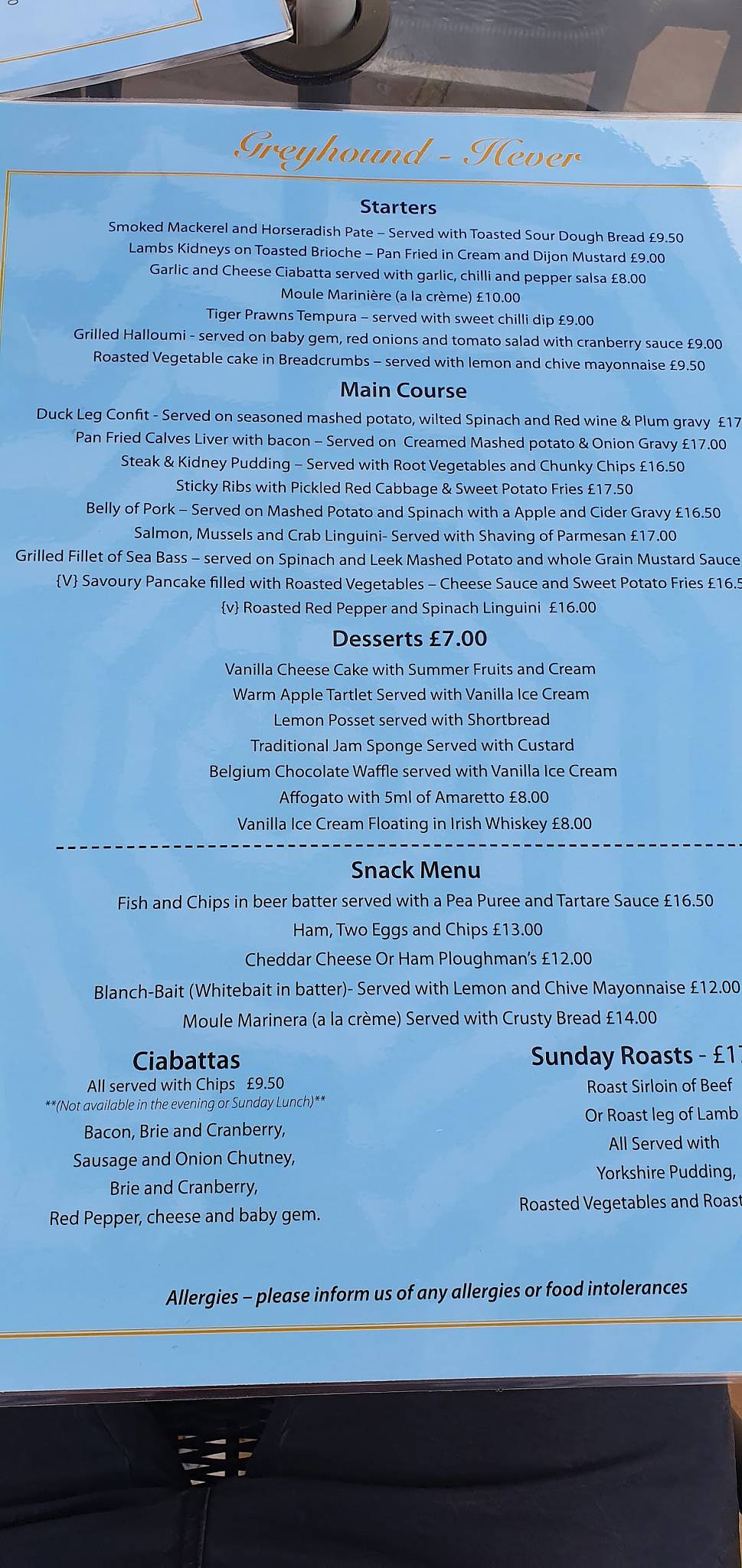 Menu at Greyhound Hever Restaurant and Rooms, Edenbridge