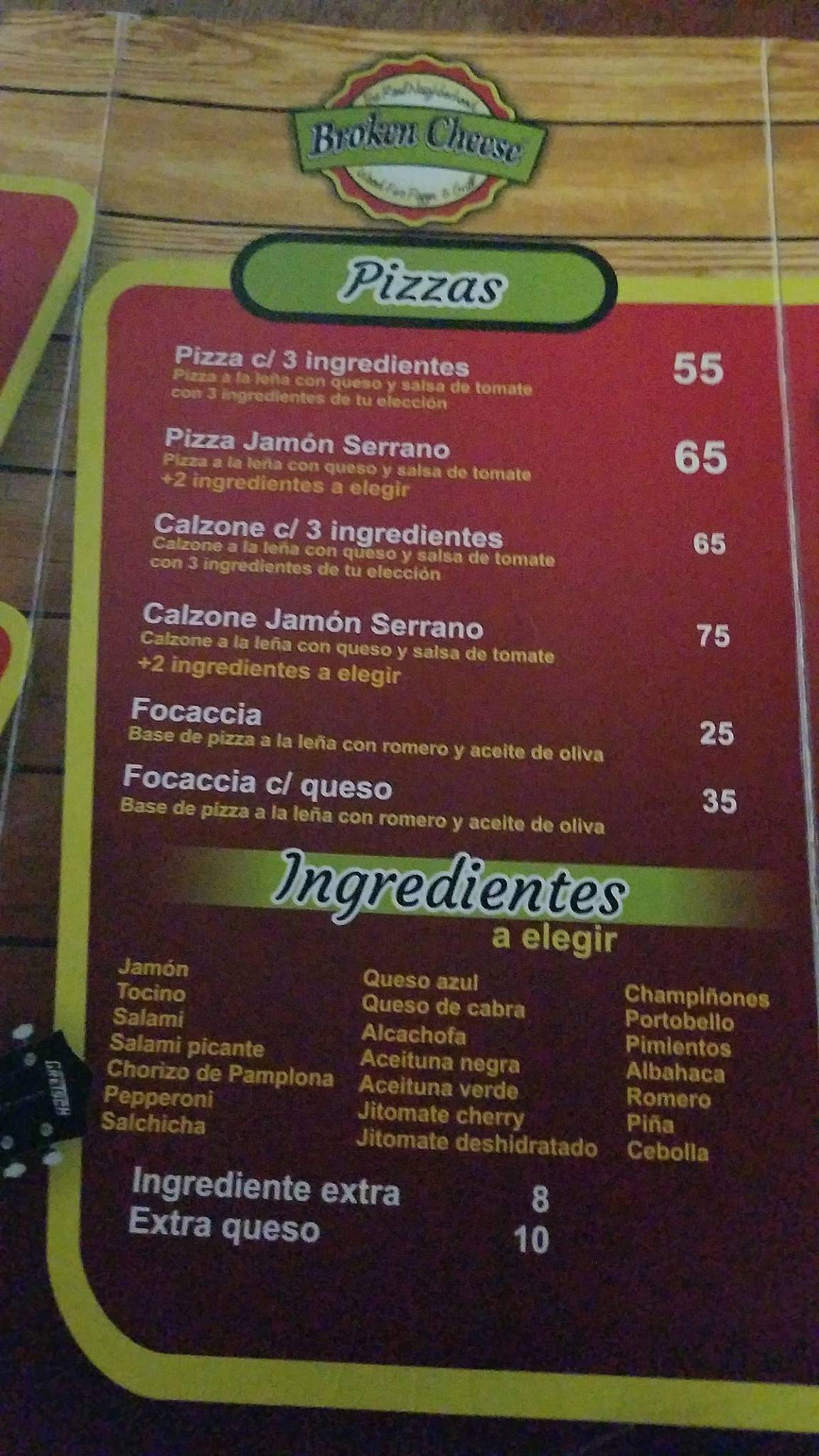 Carta de pizzería Broken Cheese, Guadalajara, C. Pedro Moreno 1476