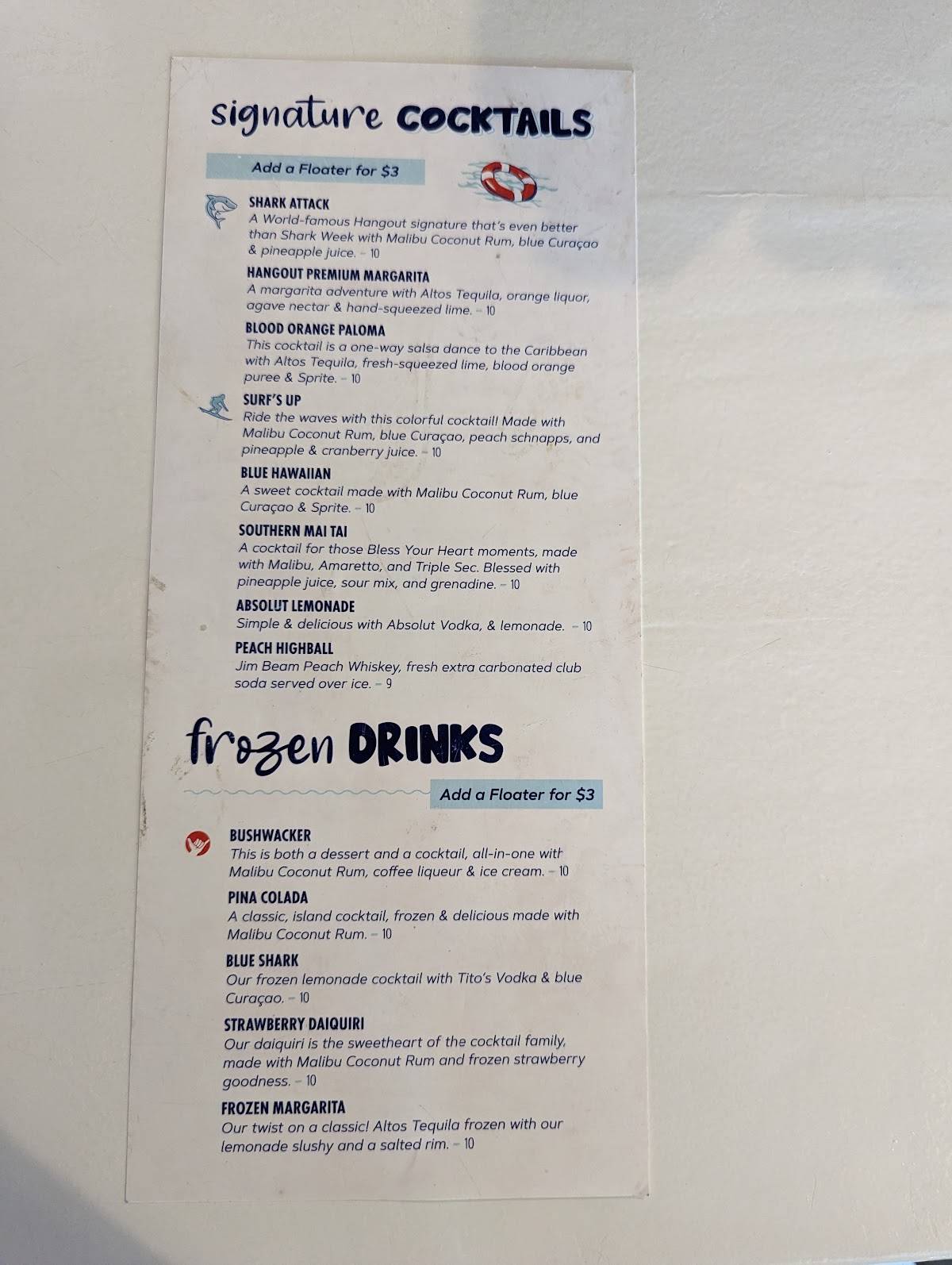 Menu at The Hangout Gulf Shores pub & bar, Gulf Shores, 101 E Beach Blvd