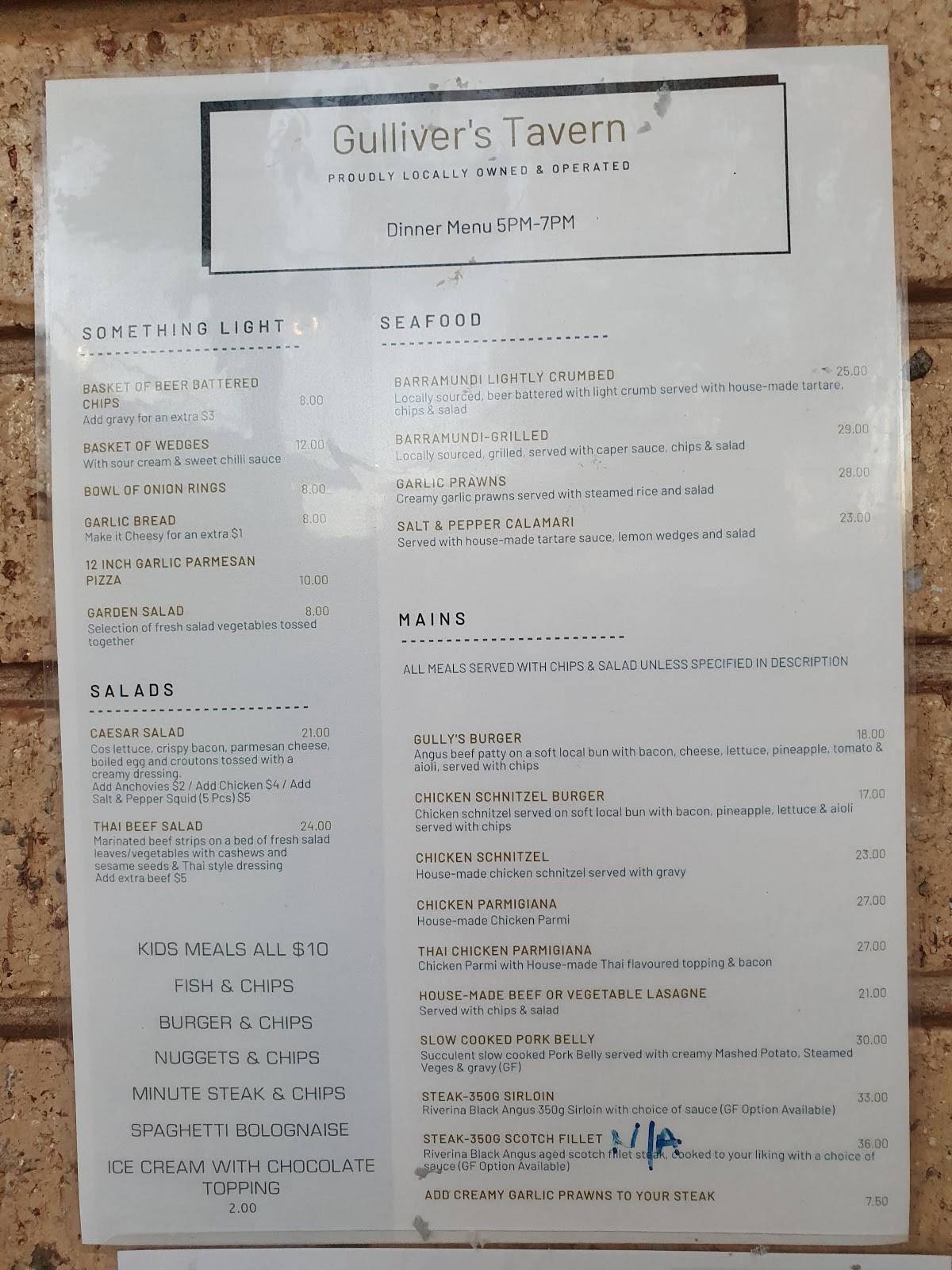 Menu at Gullivers Tavern pub & bar, Kununurra