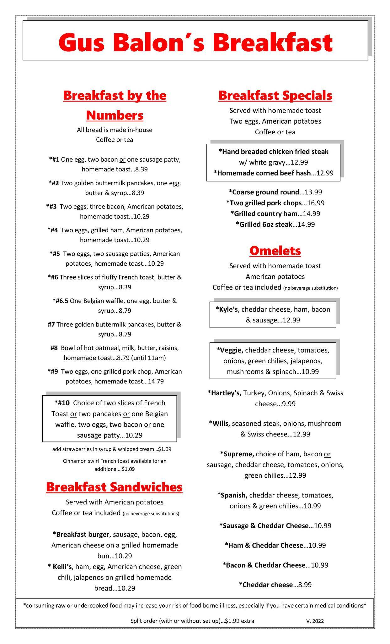 Menu at Gus Balon's Restaurant, Tucson