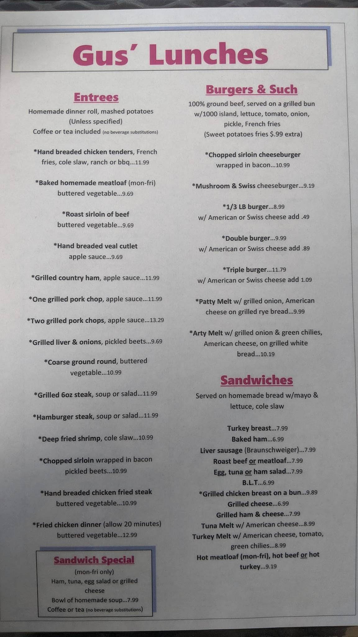Menu at Gus Balon's Restaurant, Tucson