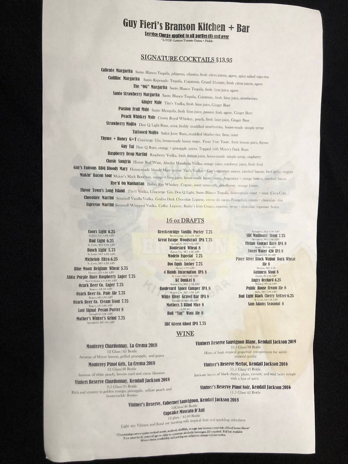 Menu at Guy Fieri's Branson Kitchen + Bar, Branson, 100 Branson Landing ...