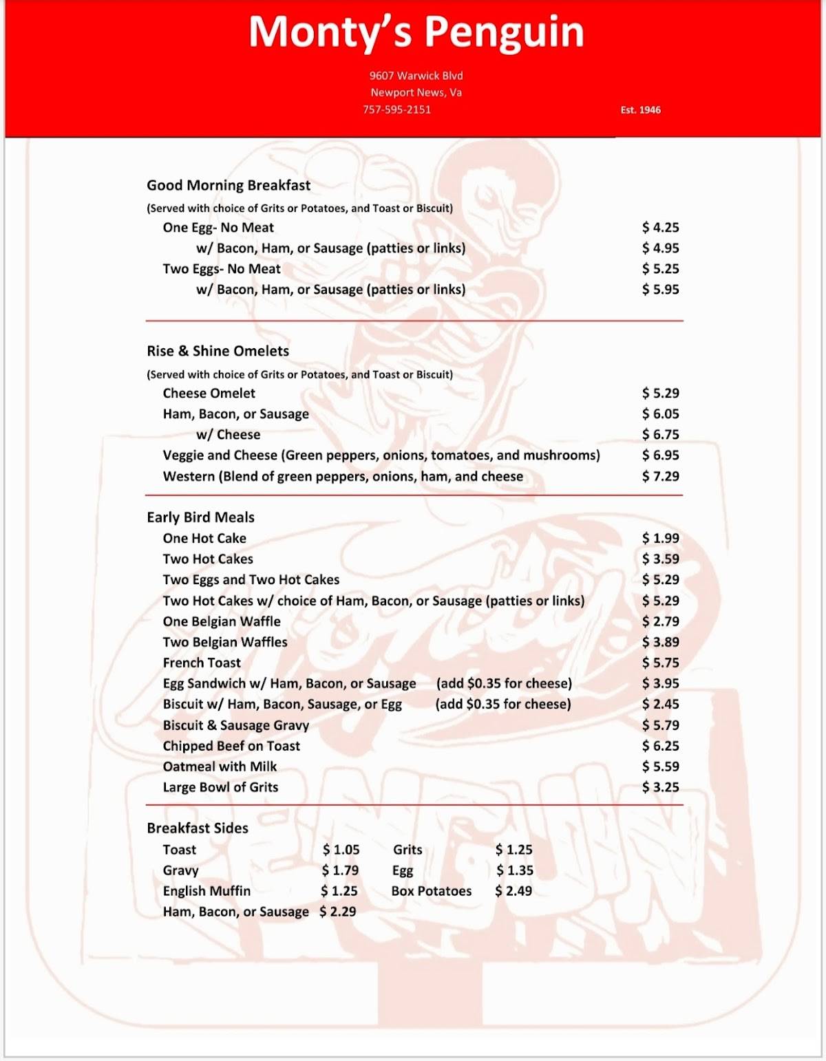 Menu at Monty's Penguin restaurant, Newport News