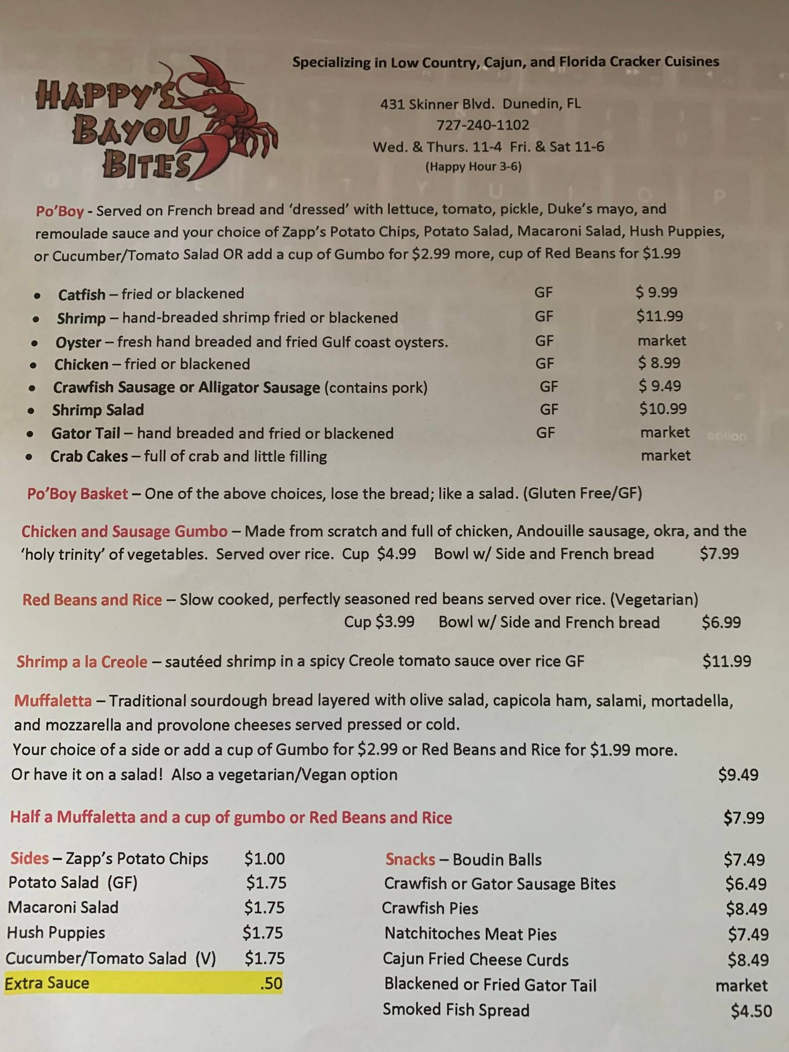 Menu at Happy's Bayou Bites restaurant, Dunedin