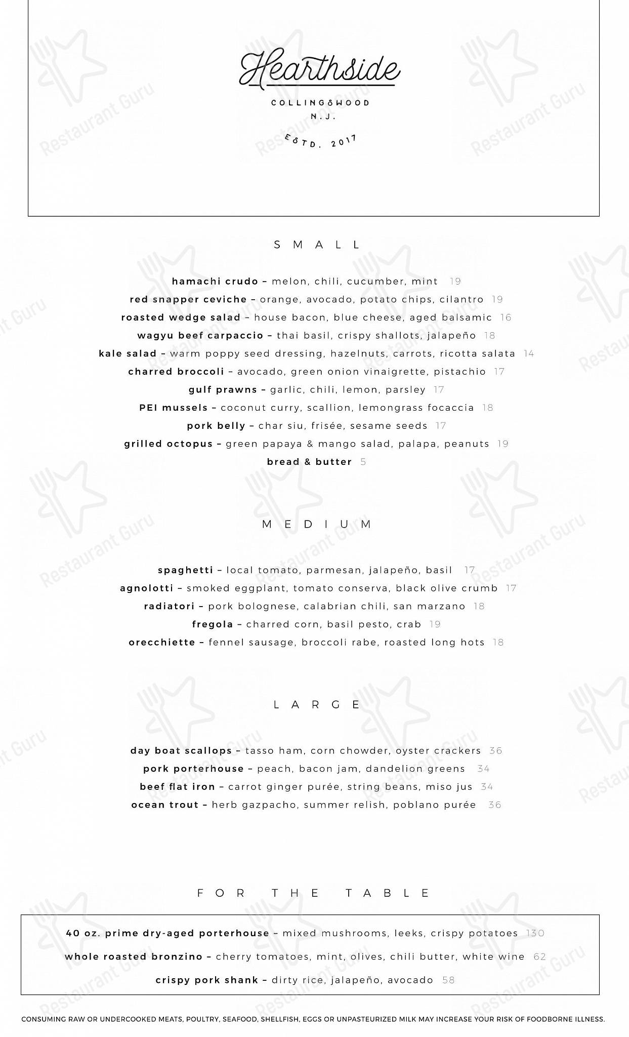 Menu at Hearthside restaurant, Collingswood