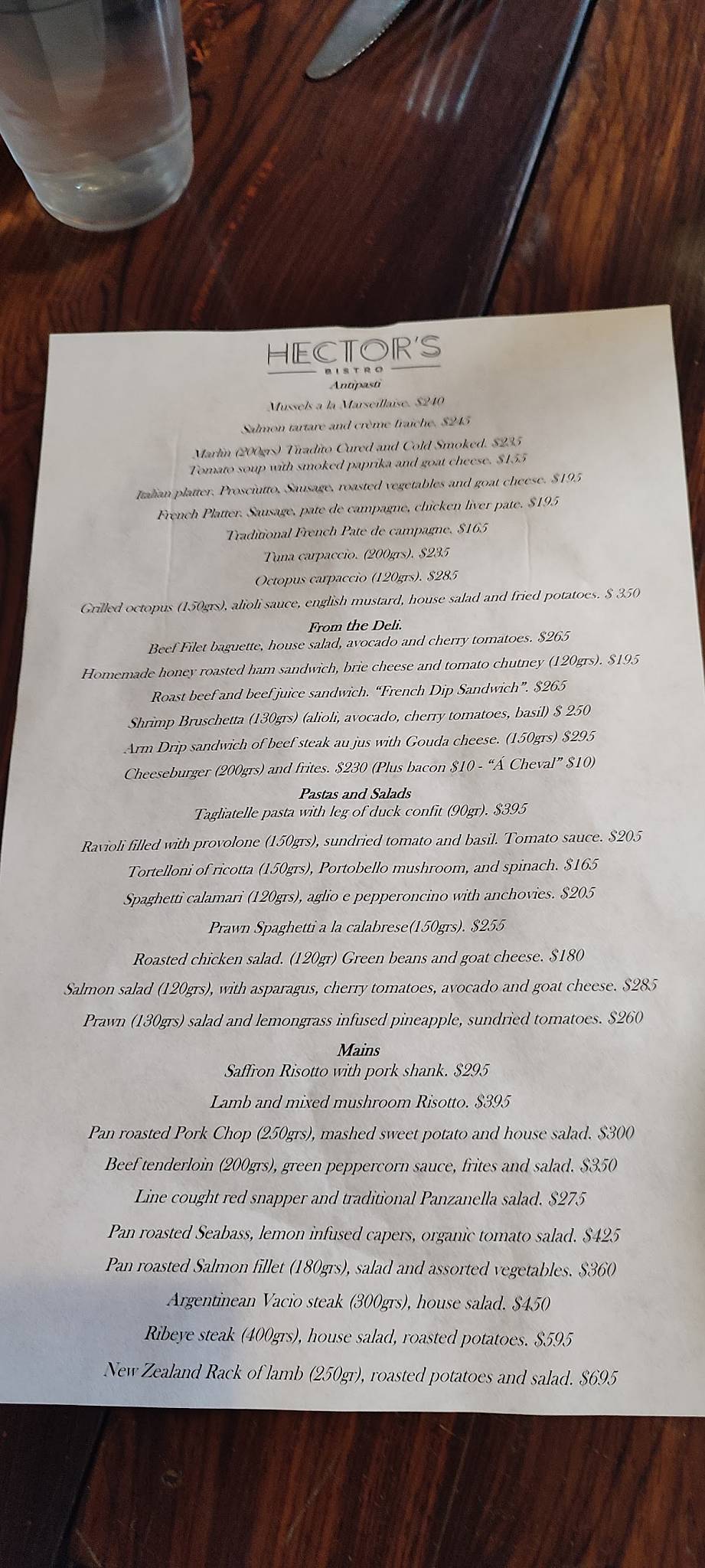 Menu at Hector's Bistro restaurant, Mazatlán