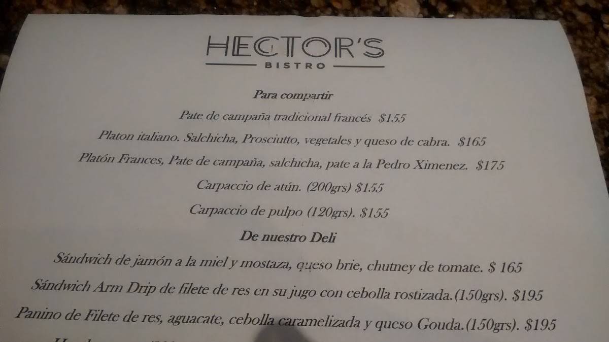 Menu at Hector's Bistro restaurant, Mazatlán