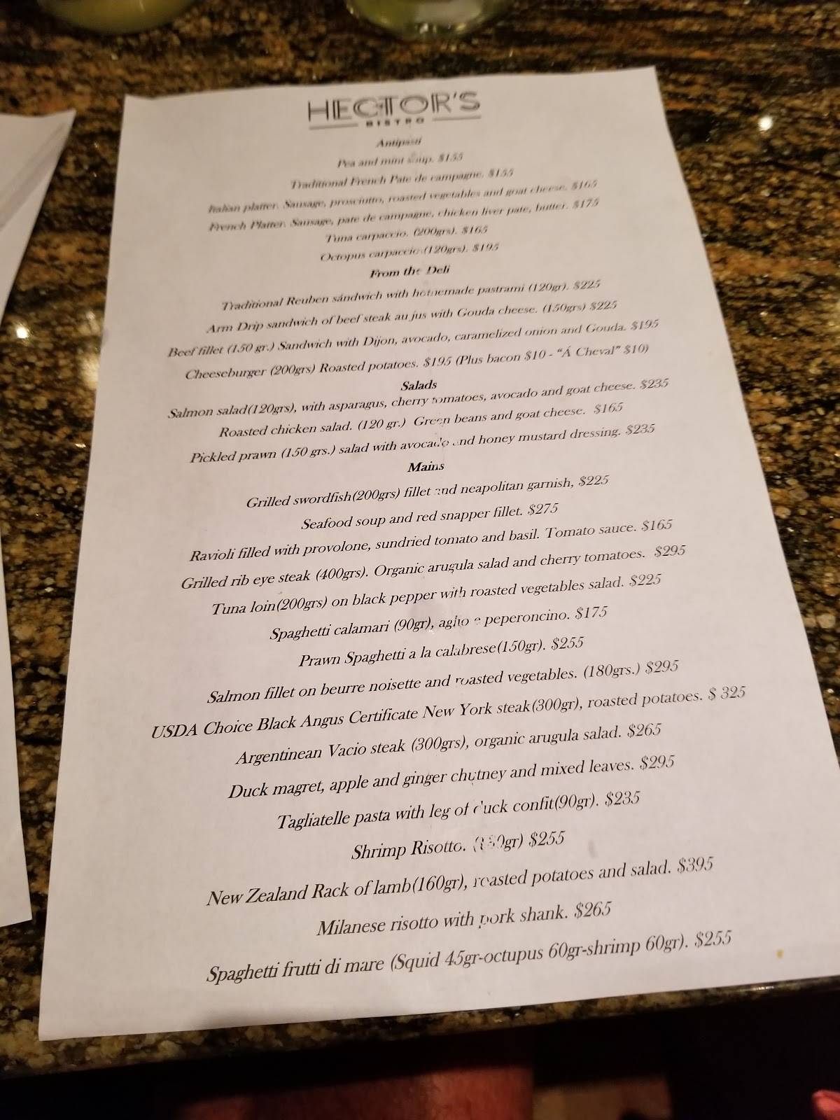 Menu at Hector's Bistro restaurant, Mazatlán