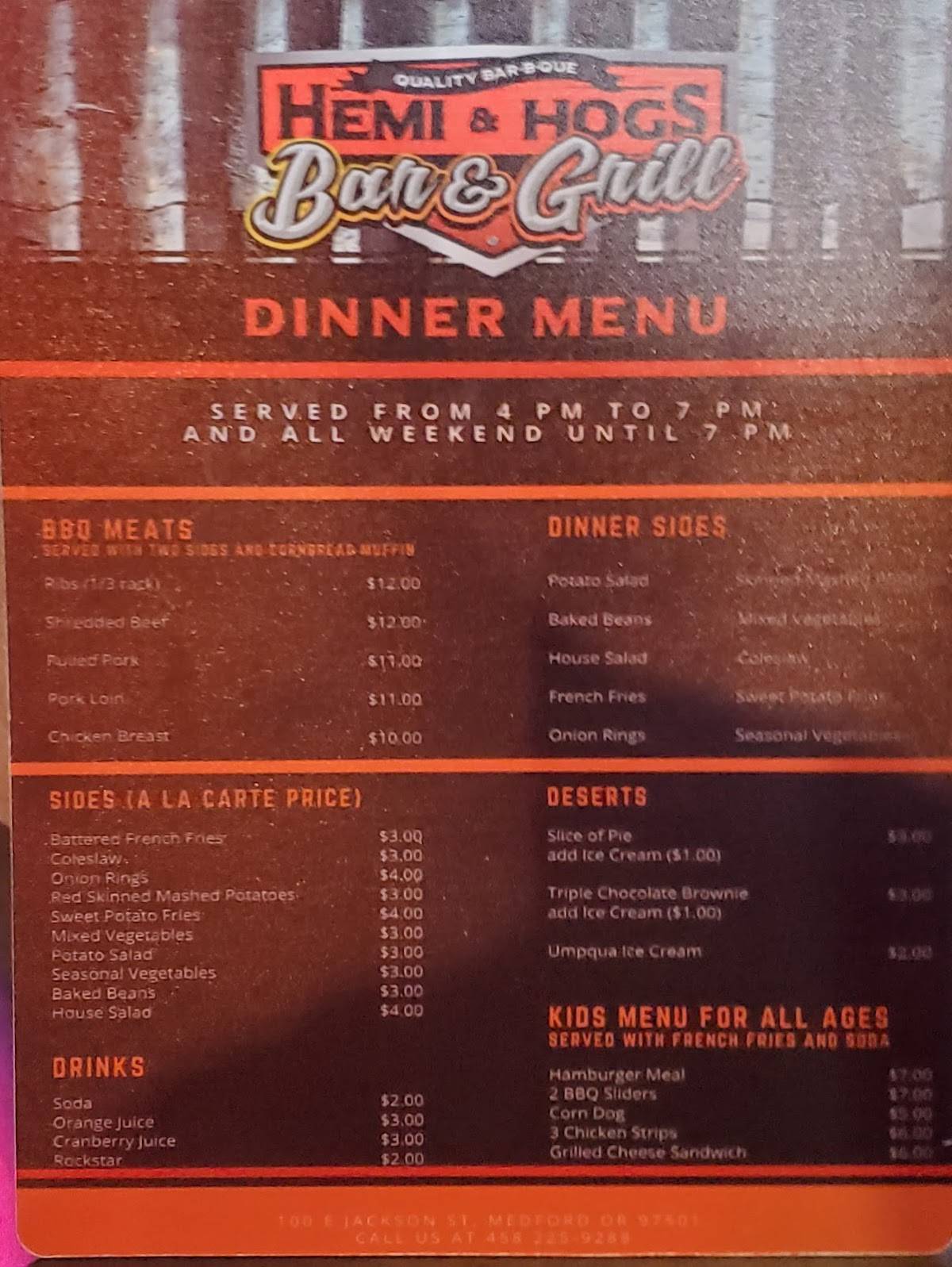 Menu at Hemi and Hogs Bar and Grill, Medford