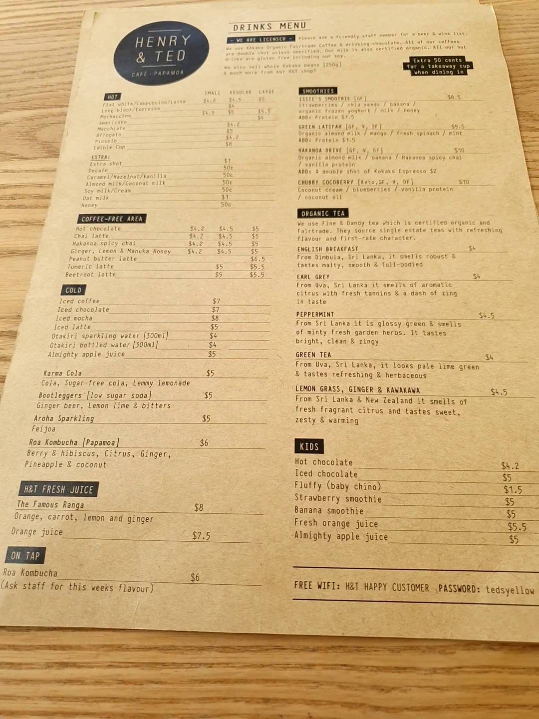 Menu at Henry & Ted cafe, Papamoa