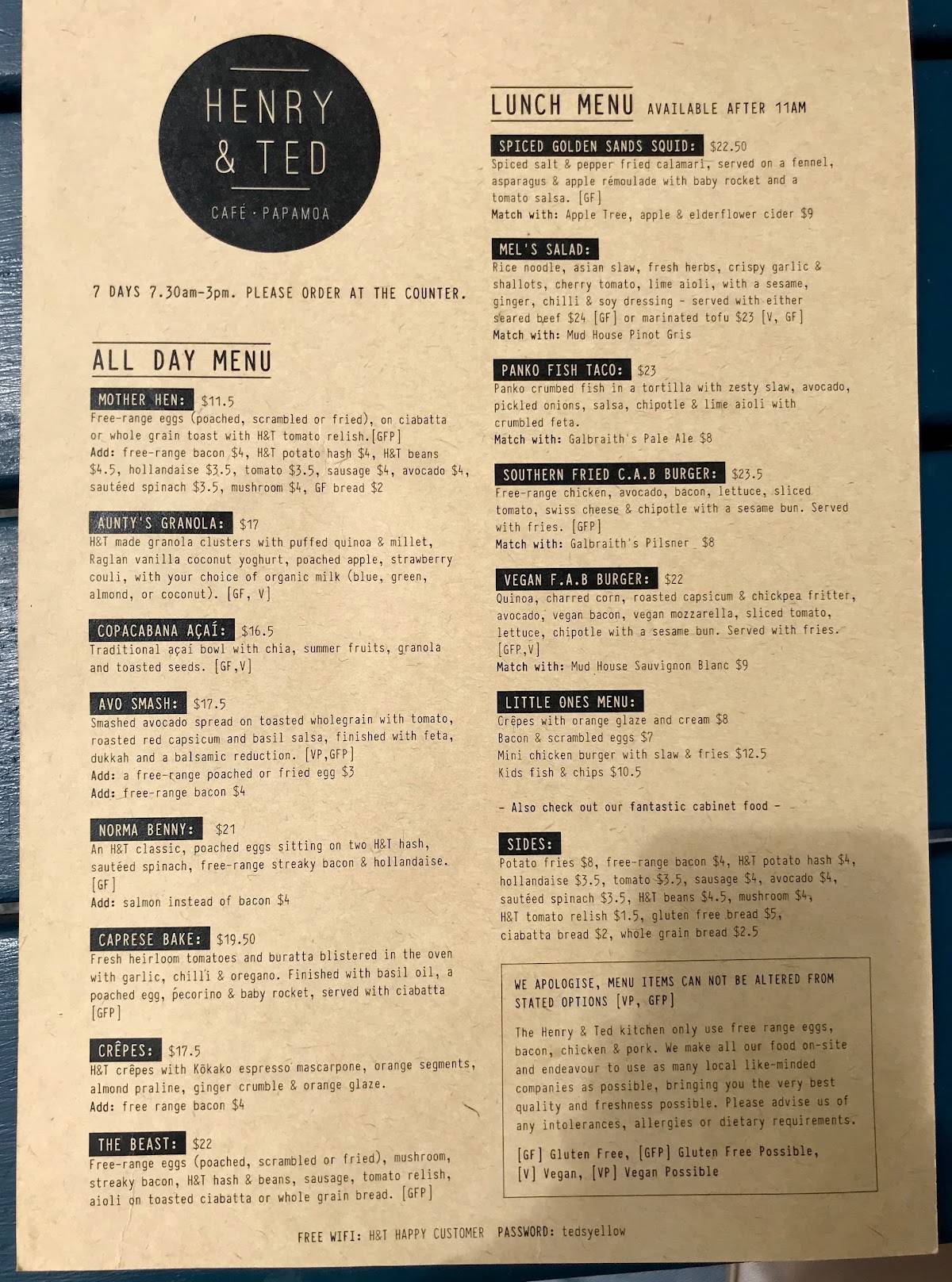 Menu at Henry & Ted cafe, Papamoa