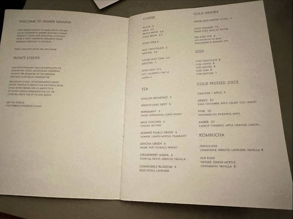 Menu at Higher Ground cafe, Melbourne