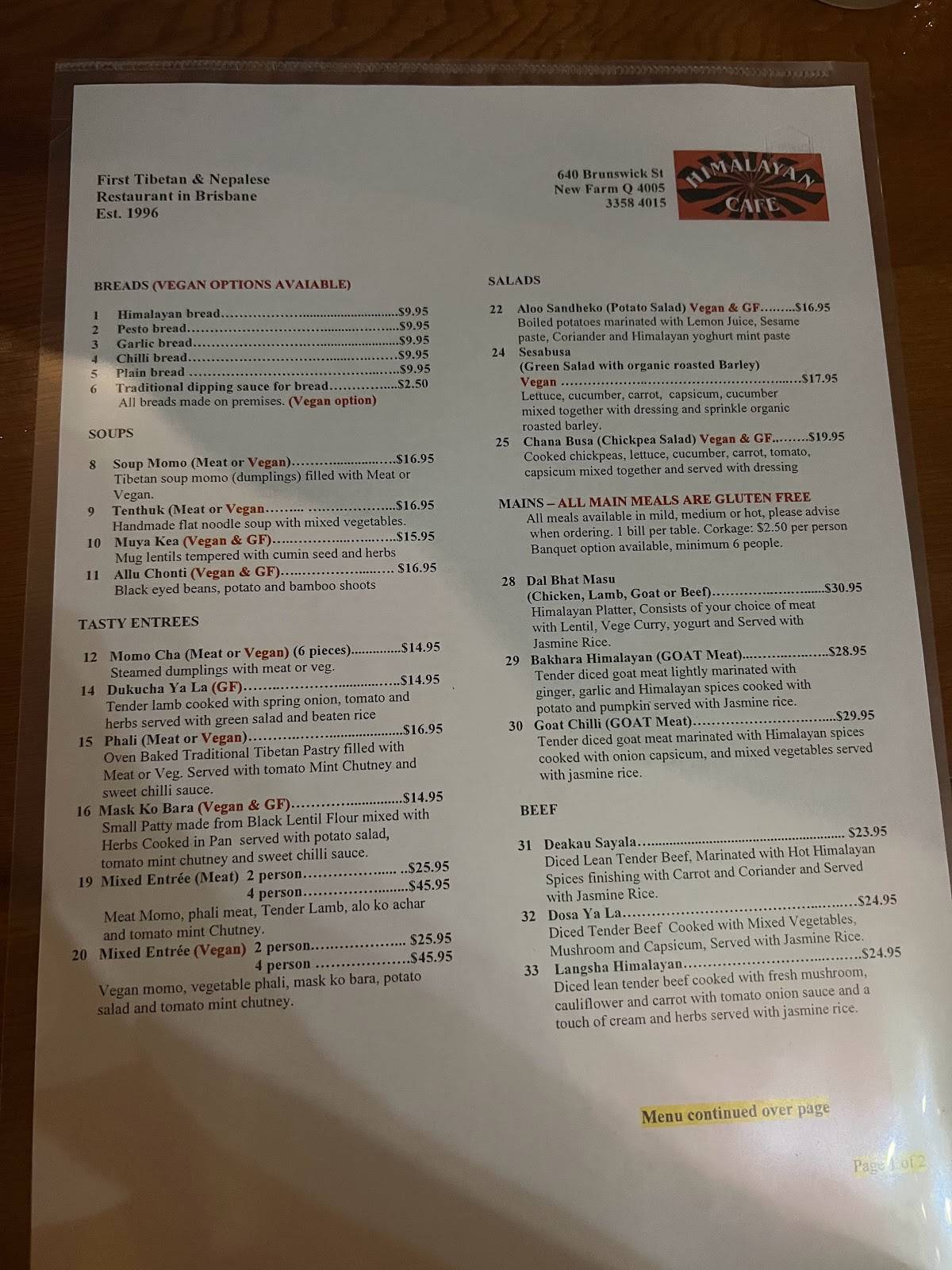 Menu at Himalayan Cafe, New Farm