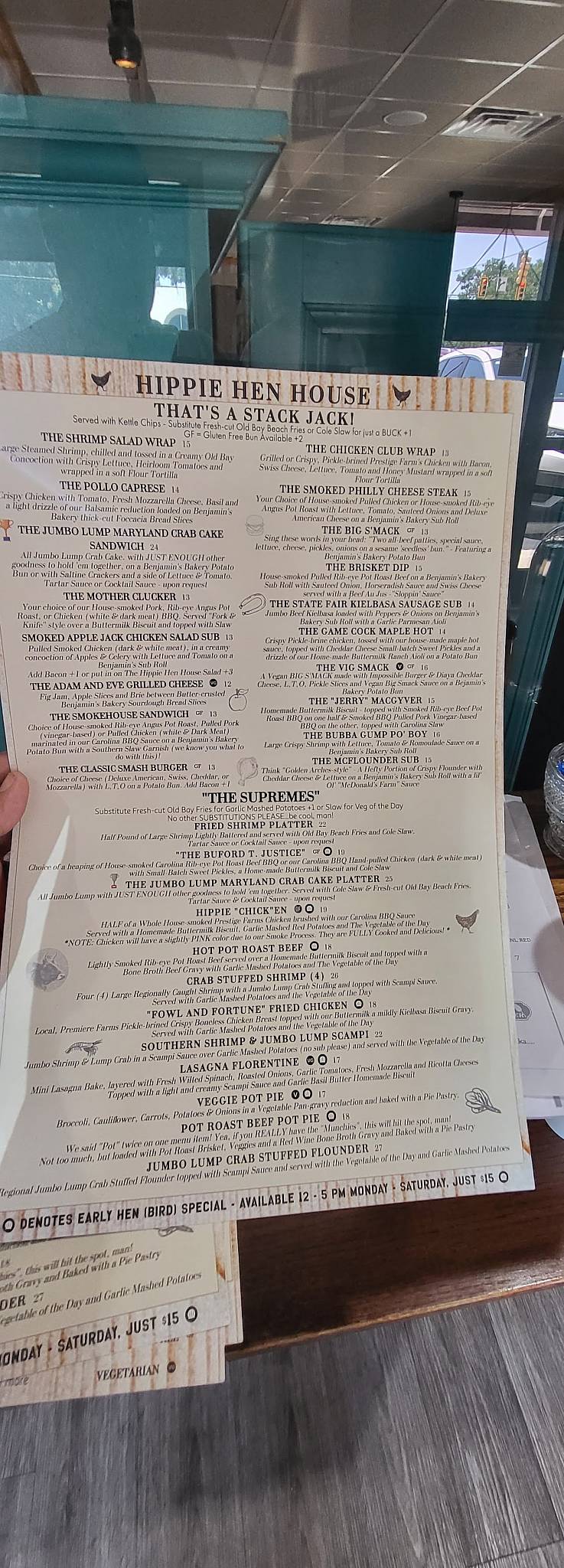 Menu at Hippie Hen House restaurant, Murrells Inlet, US-17 BUS