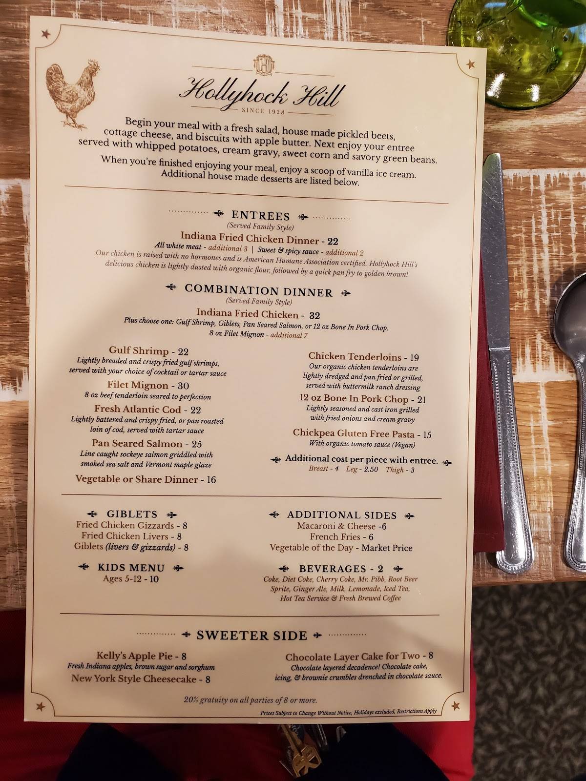 Menu at HollyHock Hill restaurant, Indianapolis