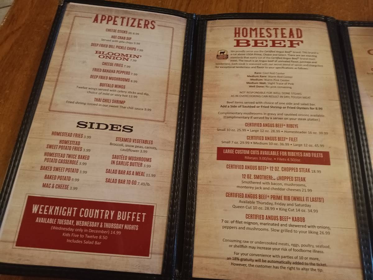 Menu at Homestead Steakhouse & Restaurant, Timberlake, 205 Frank ...