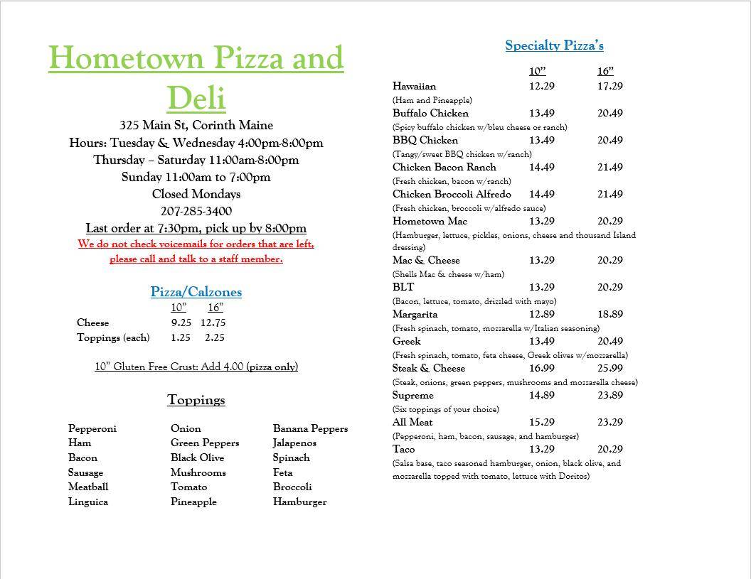 Menu at Hometown Pizza & Deli restaurant, Corinth