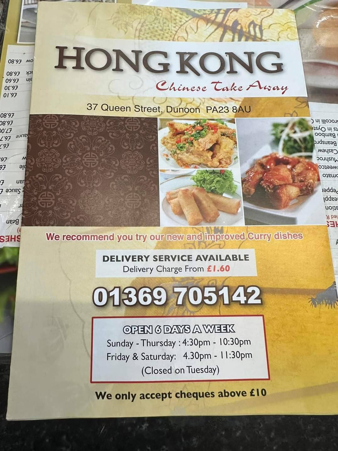 Menu at Hong Kong Carry Out fast food, Dunoon