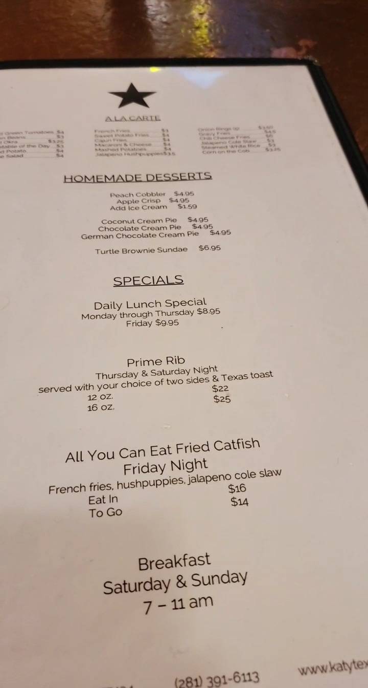 Menu at Texas Tradition steakhouse, Katy, Hwy Blvd #1306