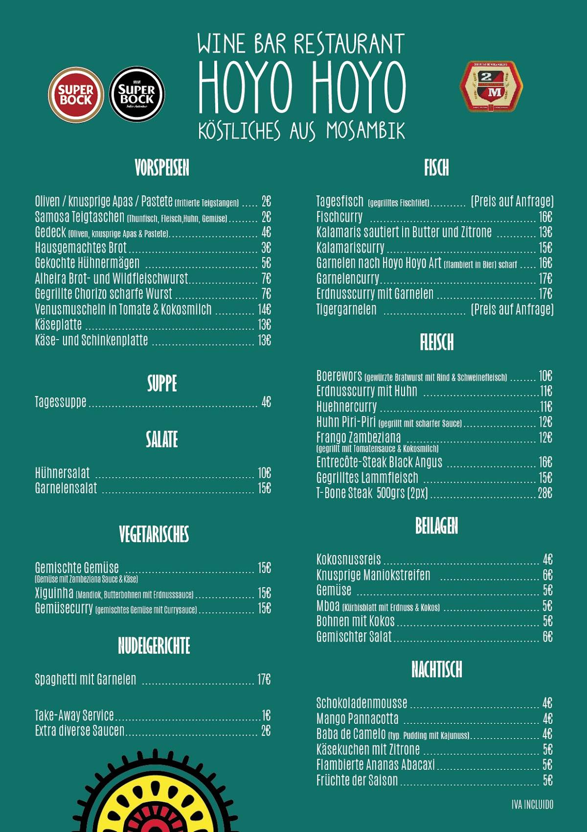 Menu at Hoyo Hoyo flavours of Mozambique restaurant, Funchal