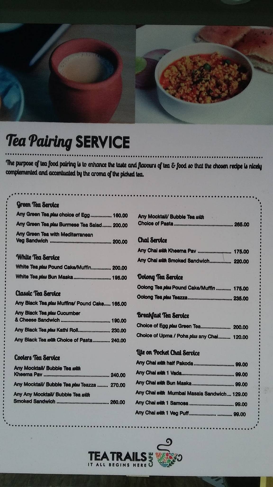 Menu at Tea Trails, Hyderabad, #8-2-626/3 MS & 10