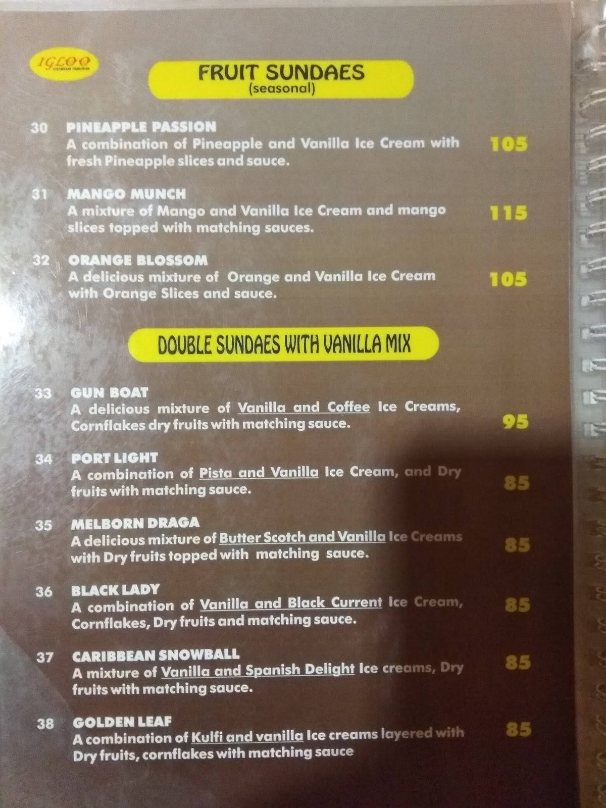 Menu at Igloo Ice Cream Parlour, Kannur