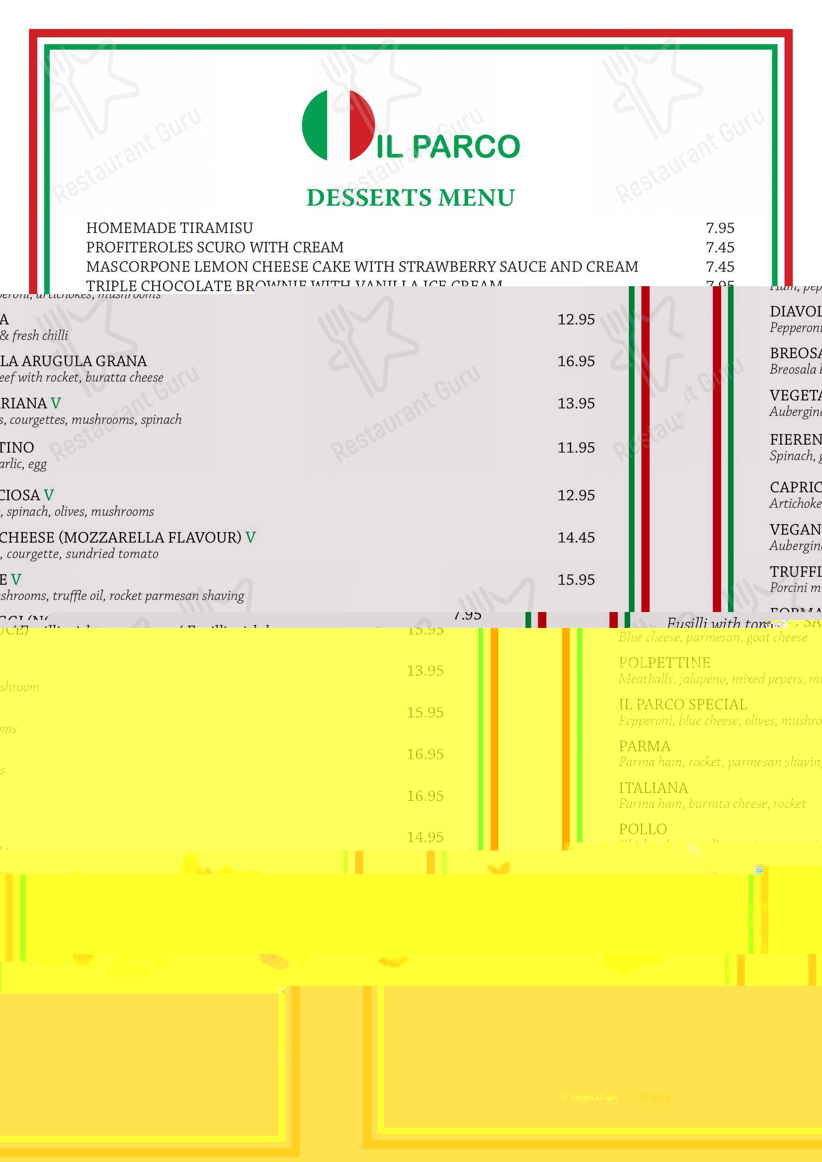 Menu at Il Parco restaurant, London