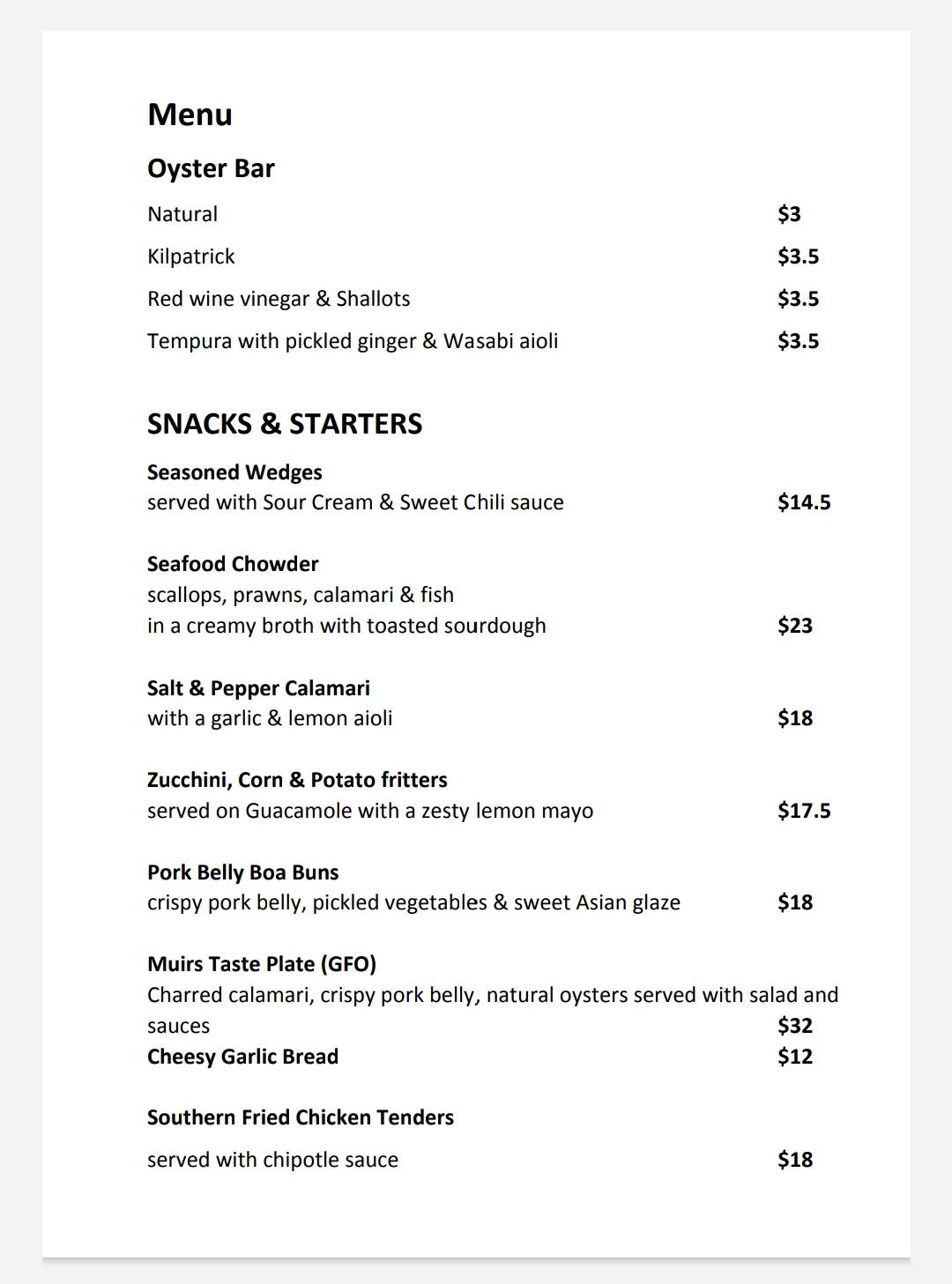Menu at Iluka Tavern pub & bar, Coles Bay