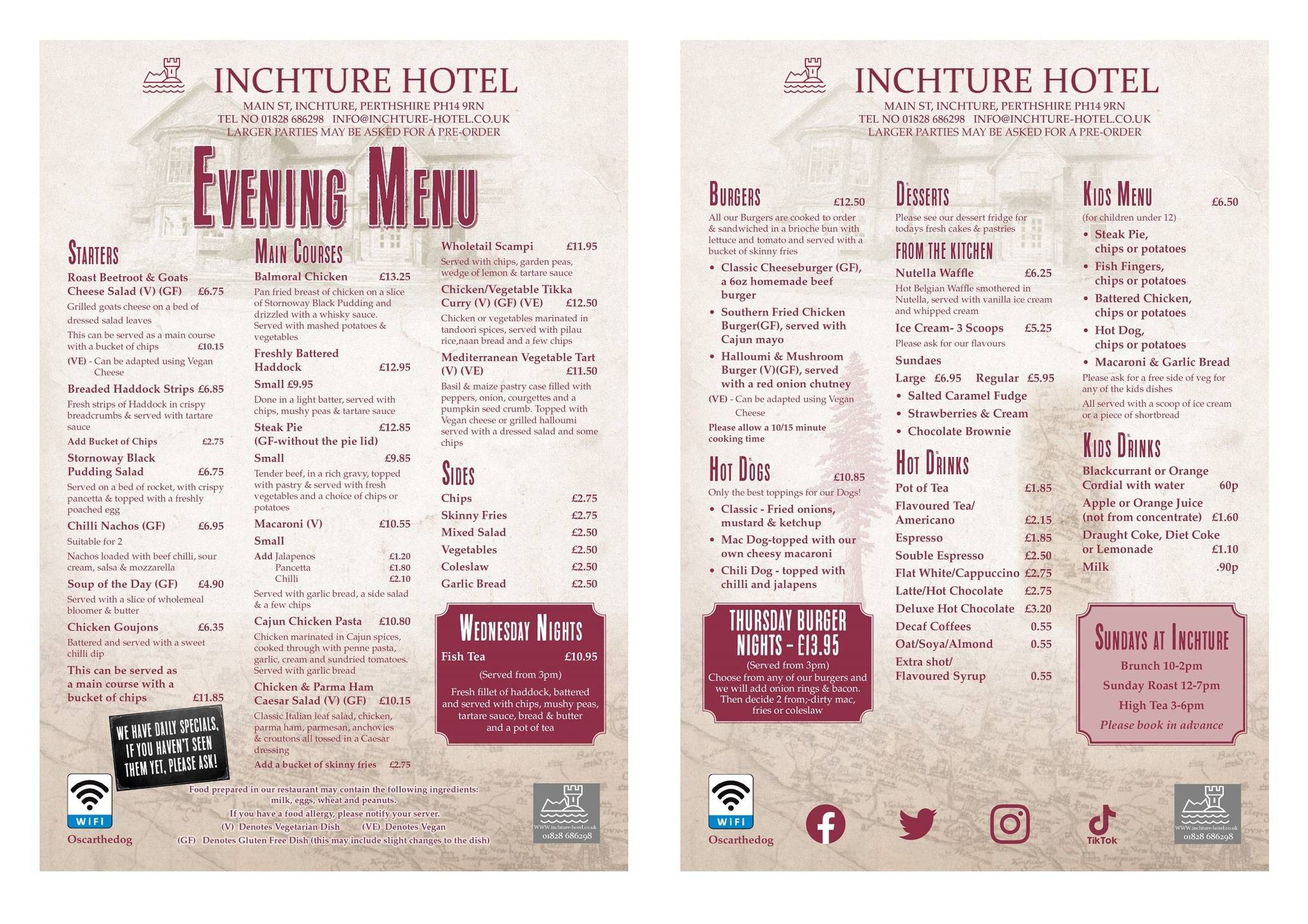 Menu at Inchture Hotel, Restaurant & Bar, Inchture