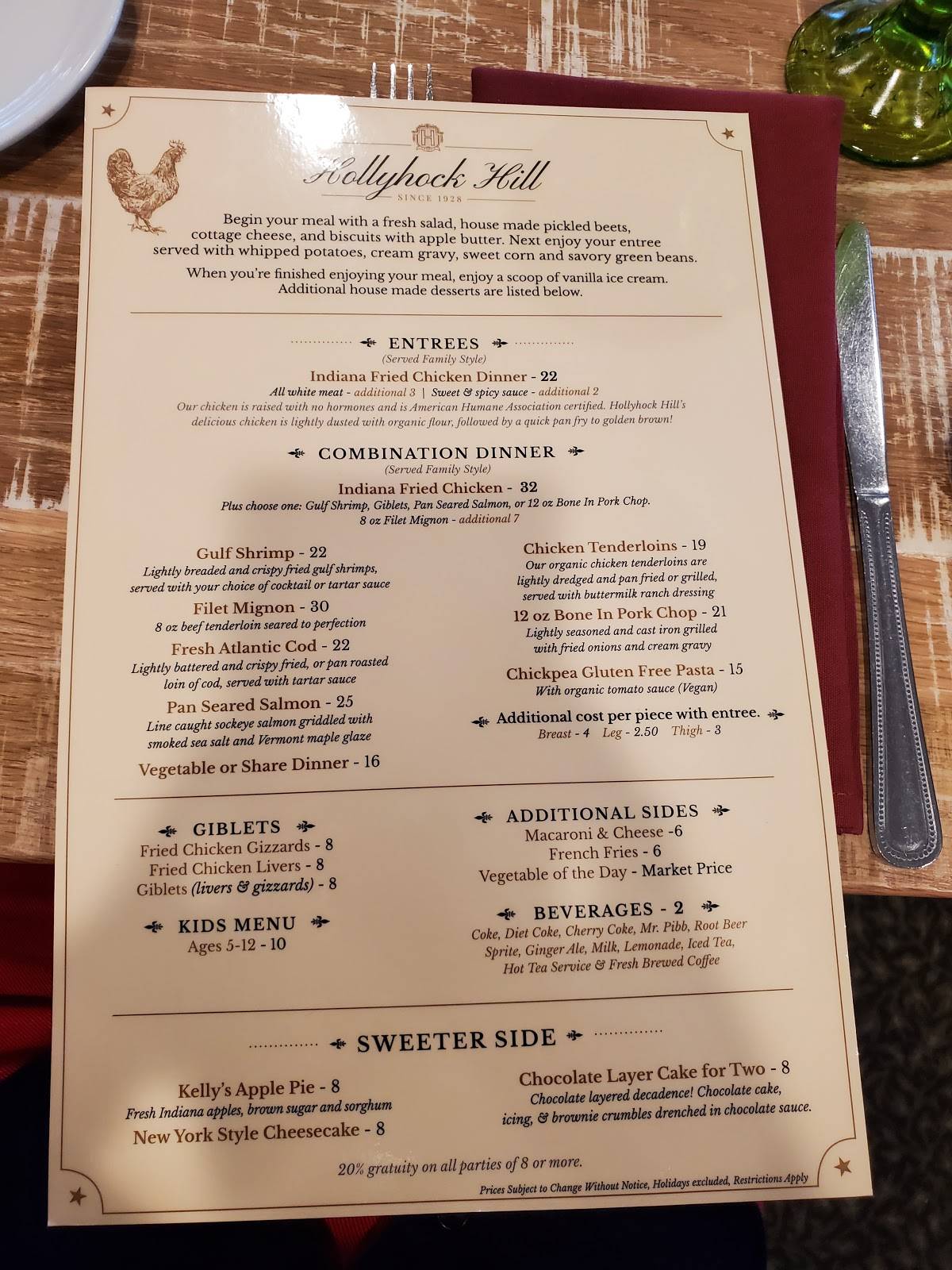 Menu at HollyHock Hill restaurant, Indianapolis