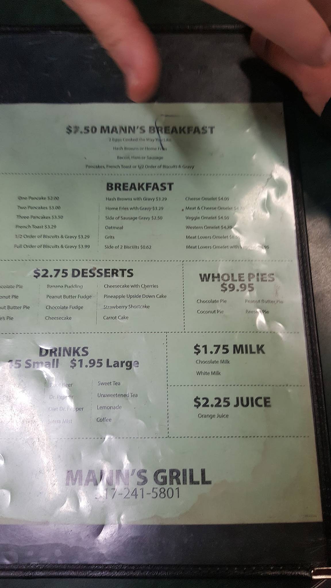 Menu at Mann's Grill restaurant, Indianapolis