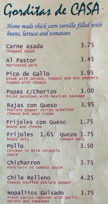 Menu at El Indio Cocina Mexicana restaurant, Chicago