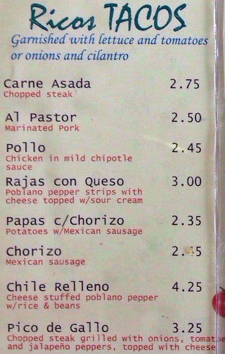 Menu at El Indio Cocina Mexicana restaurant, Chicago