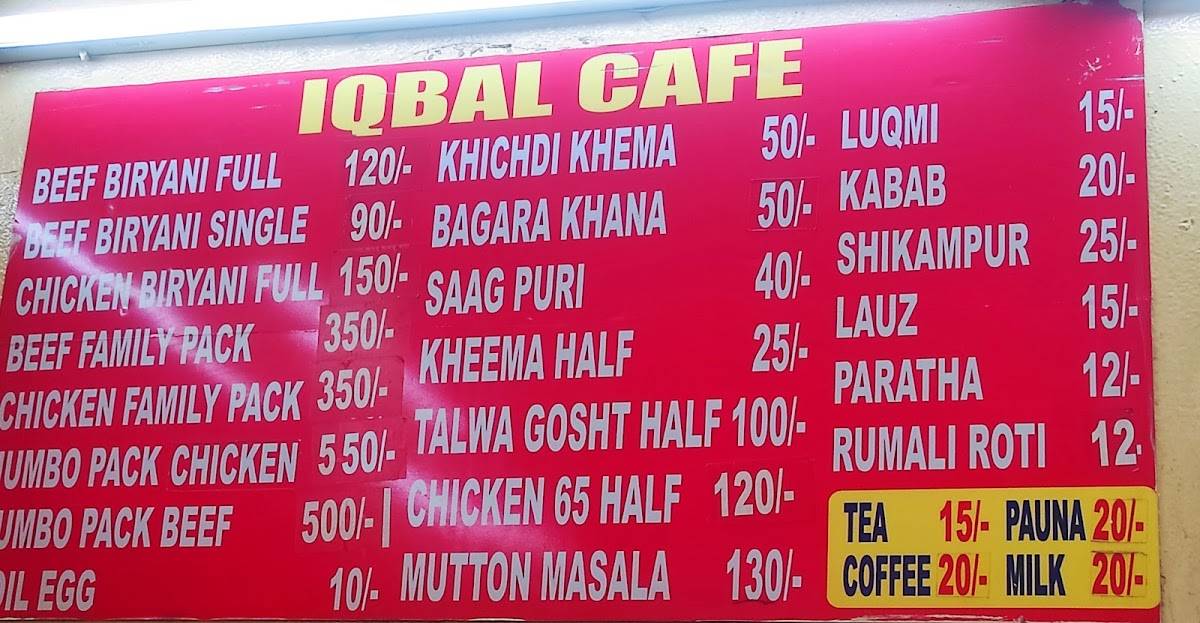 Menu at Iqbal Cafe, Hyderabad, 22-3/756