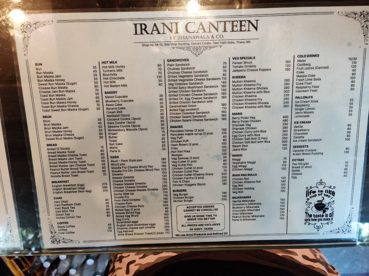 Menu at Irani Canteen, Thane