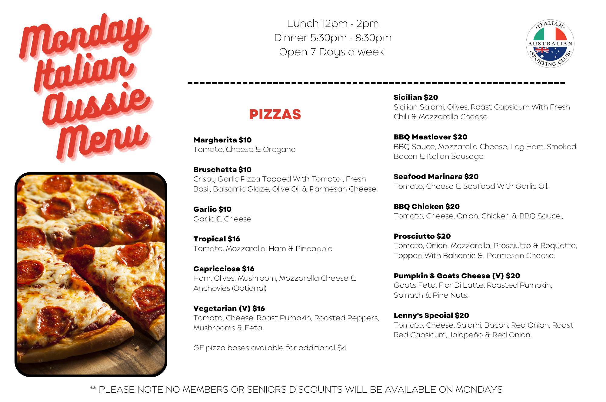 Menu at Italian Australian Club, Morwell, 499-501 Princes Dr