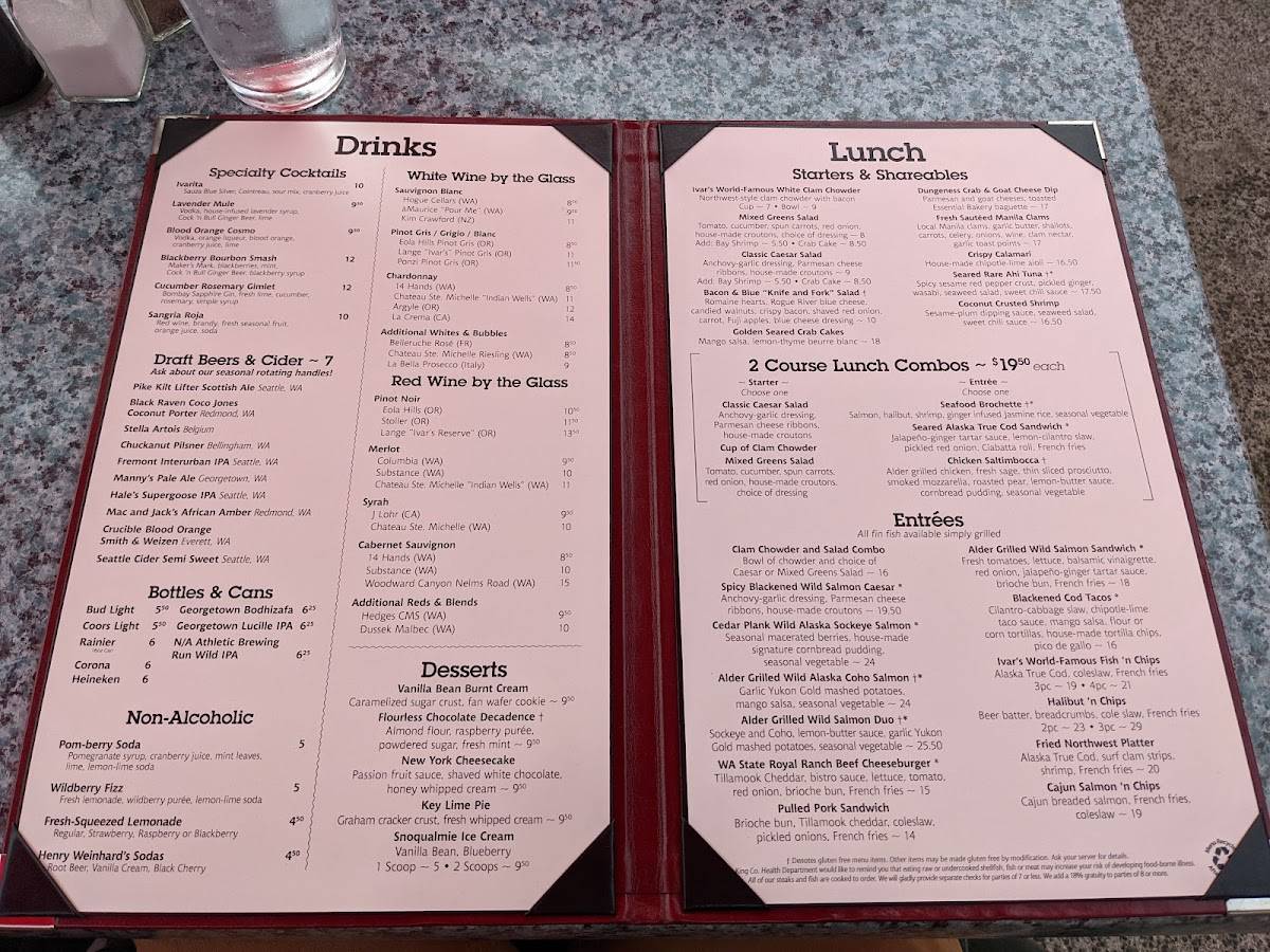 Menu at Ivar's Salmon House restaurant, Seattle