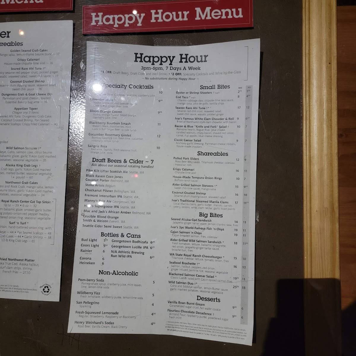 Menu at Ivar's Salmon House restaurant, Seattle